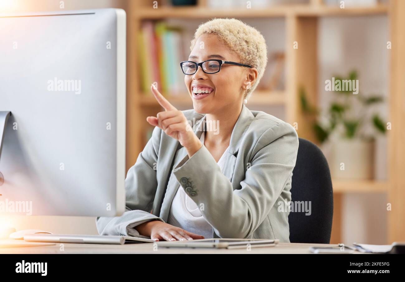 Computer, success and business black woman for office desk solution ...