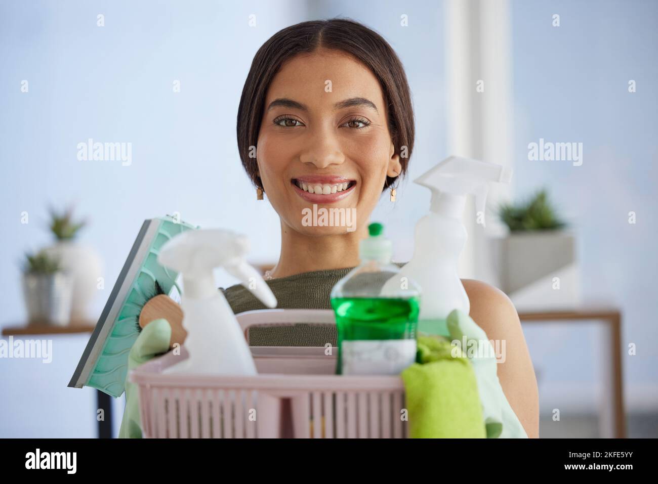 Cleaning supplies, happy portrait and woman, housekeeping, cleaning ...