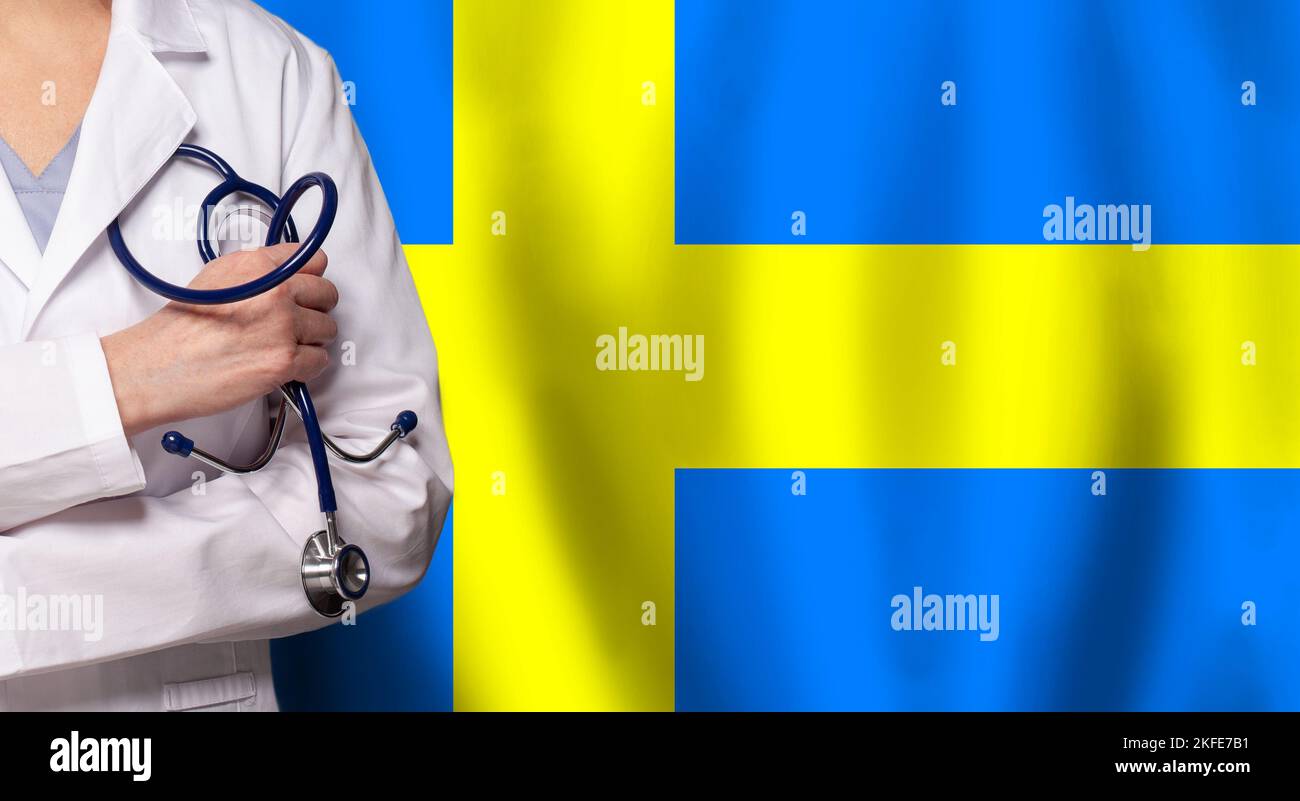 Swedish medicine and healthcare concept. Doctor close up against flag ...