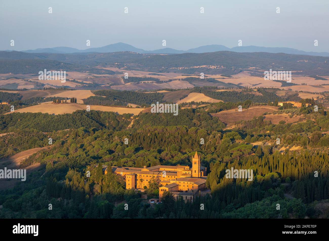 Sunrise view of the Abbey of Monte Oliveto Maggiore, a large ...