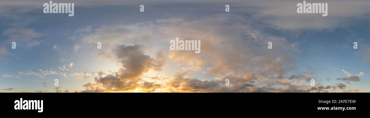 Dark blue sunset sky panorama with golden Cumulus clouds. Seamless hdr ...