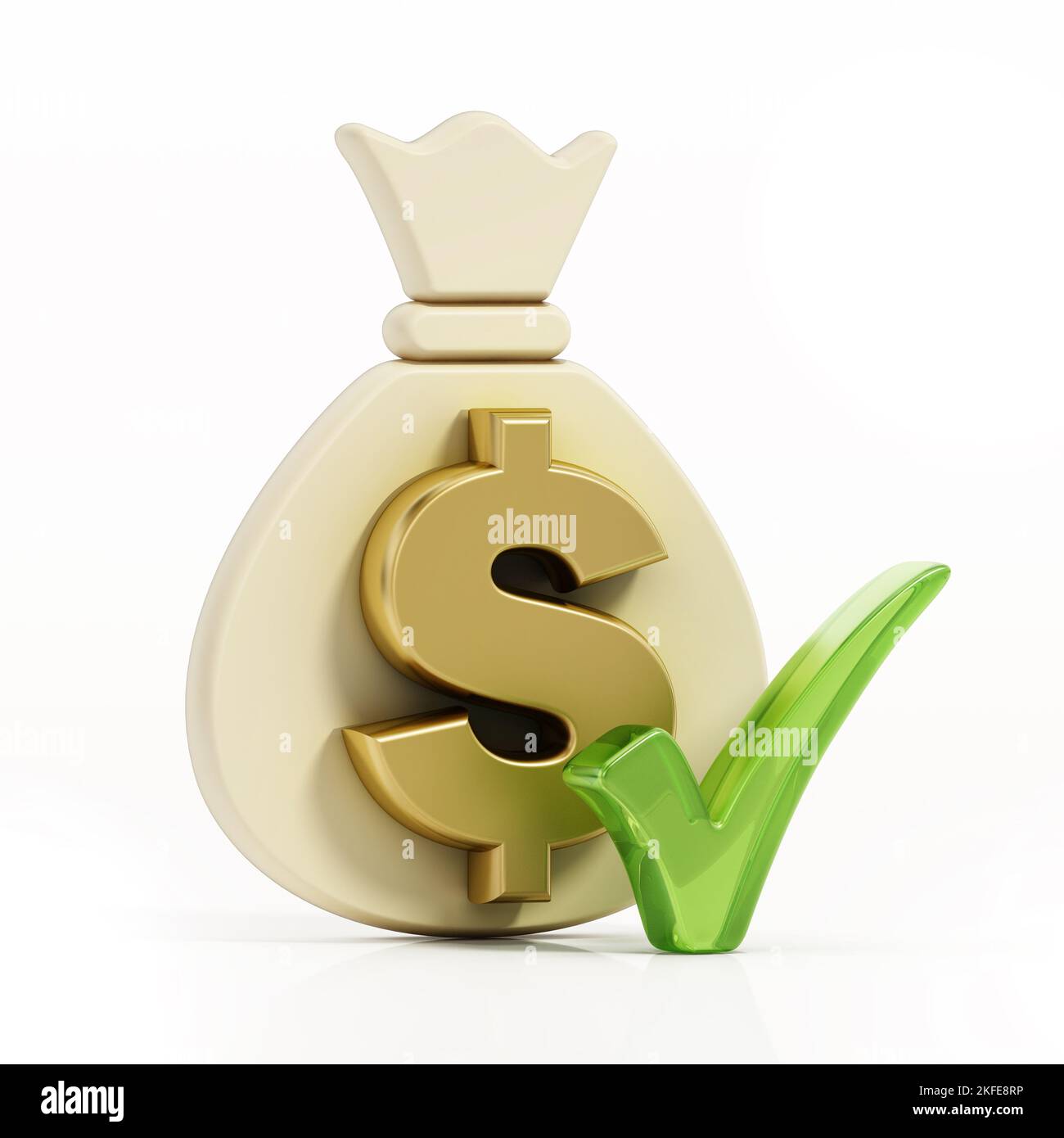 Dollar sign inside sack icon and green check mark isolated on white ...