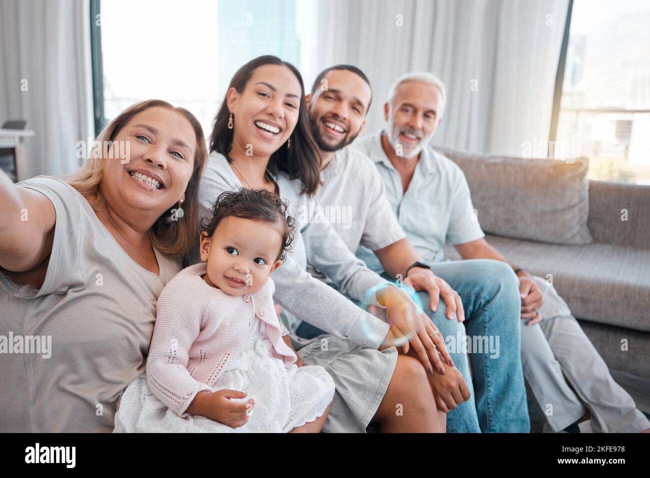 Big family, selfie and happy baby, parents and grandparents together on ...