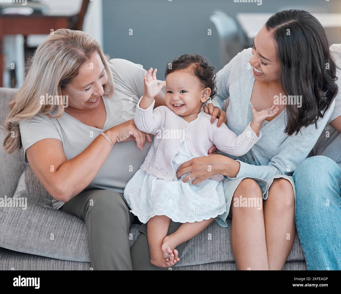 Family home, love and baby, mother and grandmother with happiness on ...
