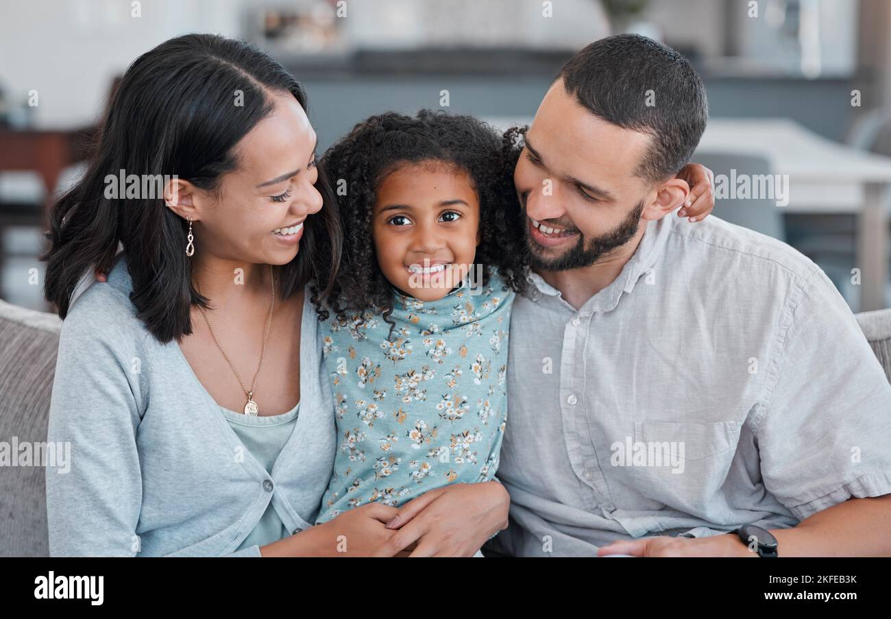 Family, child and bonding in home with love, care and affection in the ...