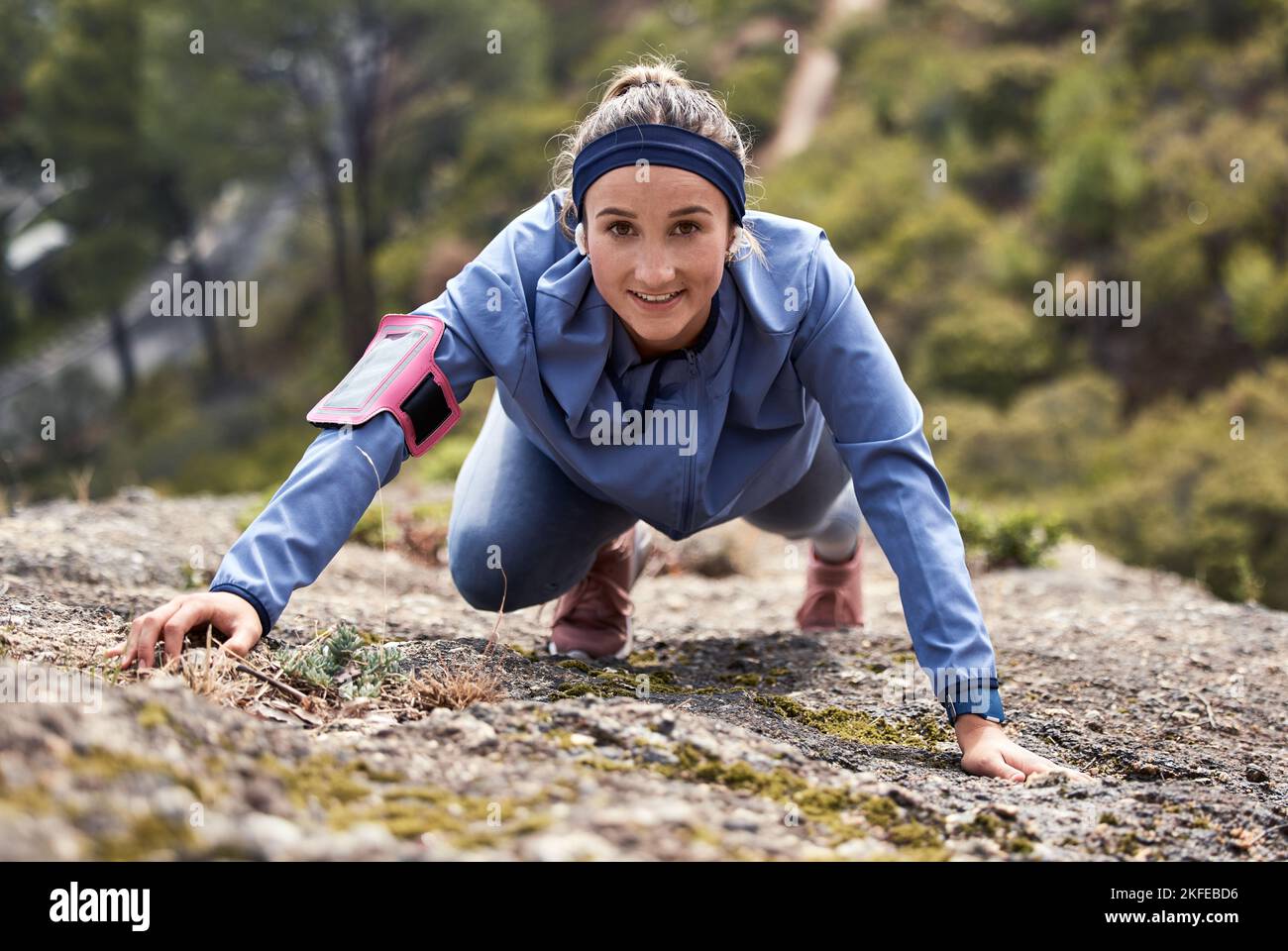 Mountains, climbing and woman, portrait and exercise, hiking and ...