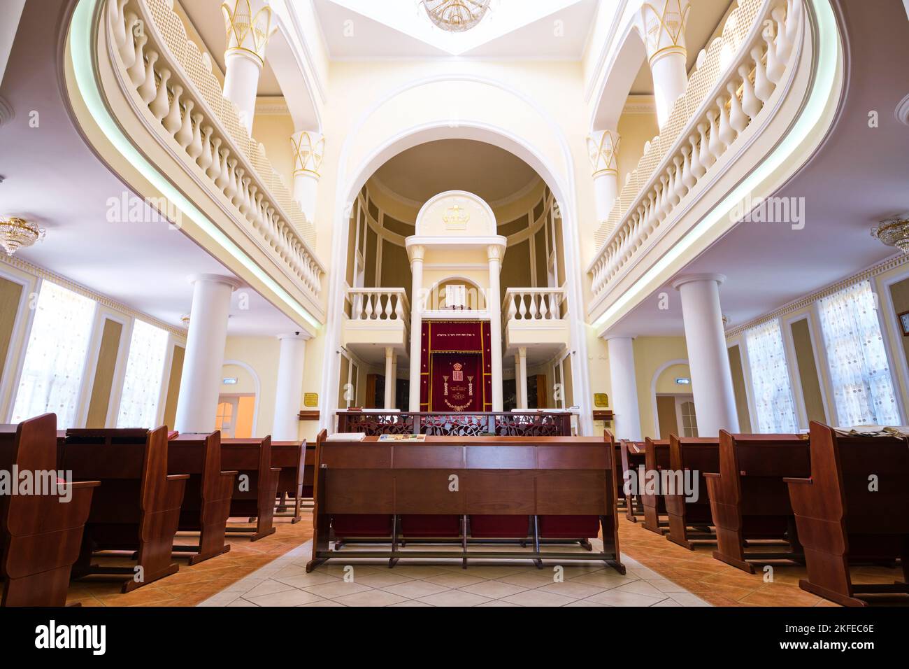 Interior view of the white, wooden Synagogue Beit Rachel w Astanie. In ...