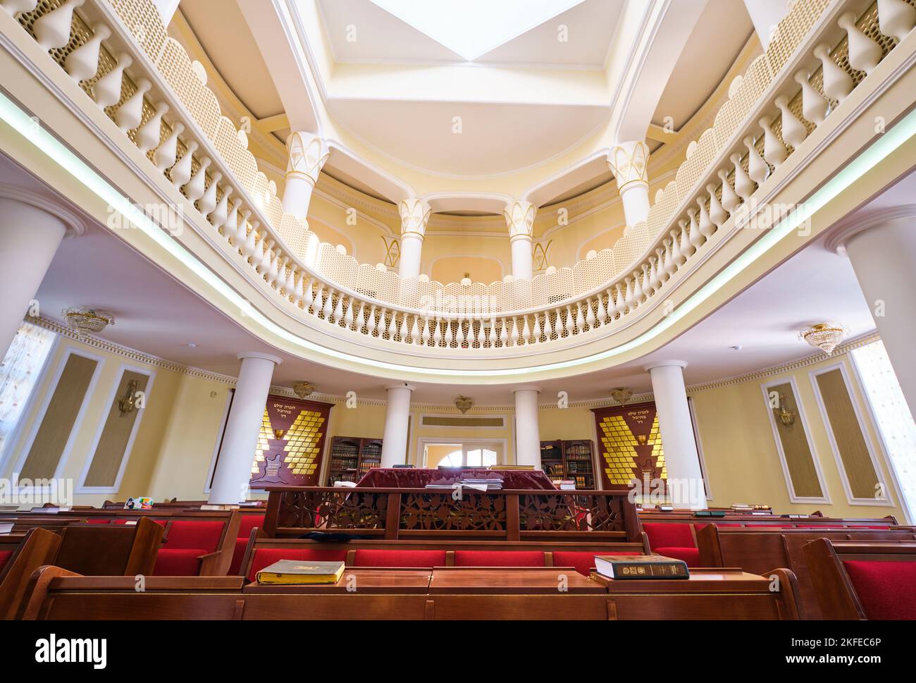 Interior view of the white, wooden Synagogue Beit Rachel w Astanie. In ...