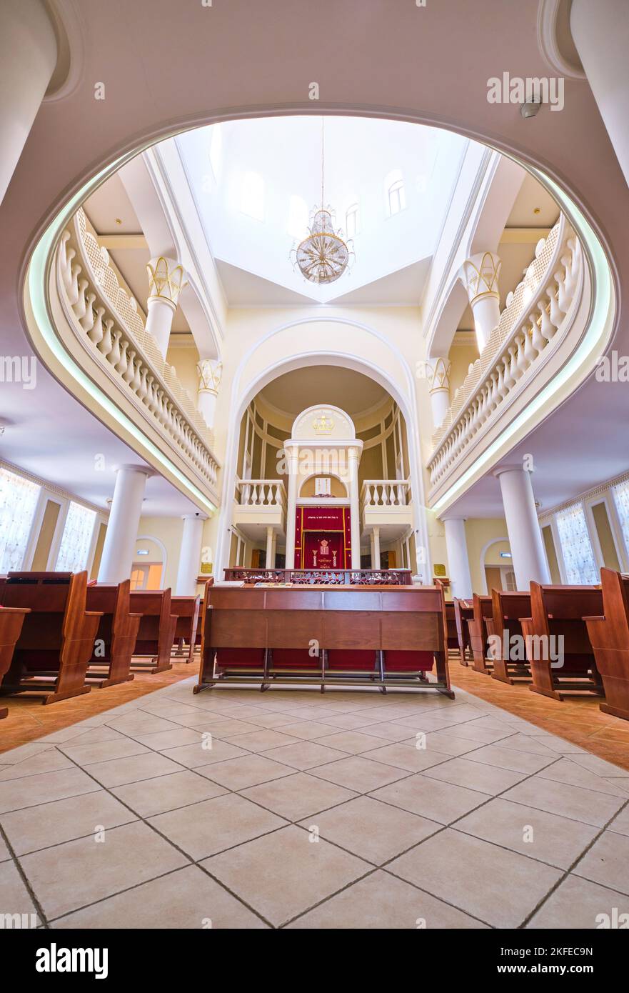 Interior view of the white, wooden Synagogue Beit Rachel w Astanie. In ...