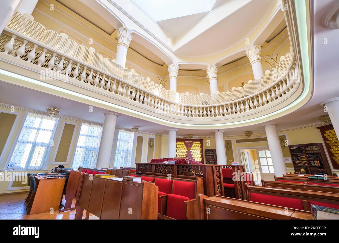 Interior view of the white, wooden Synagogue Beit Rachel w Astanie. In ...