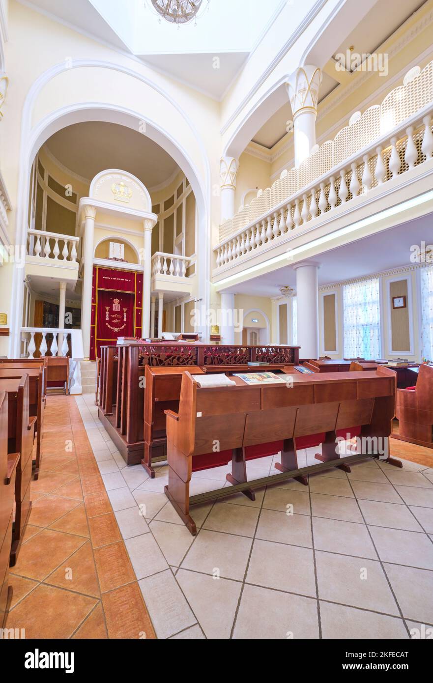 Interior view, looking toward the Bima and Ark, of the white, wooden ...