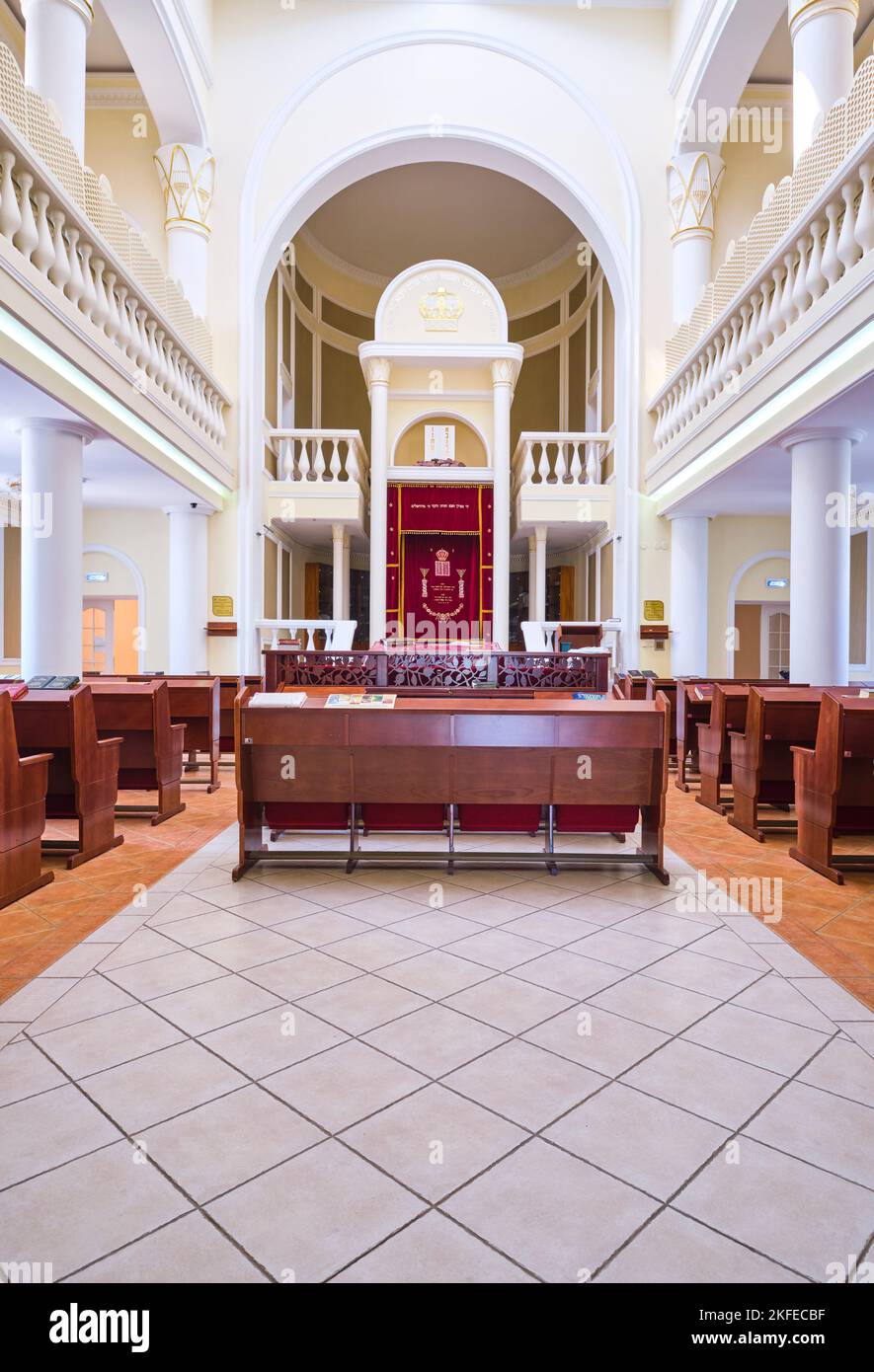 Interior view, looking toward the Bima and Ark, of the white, wooden ...