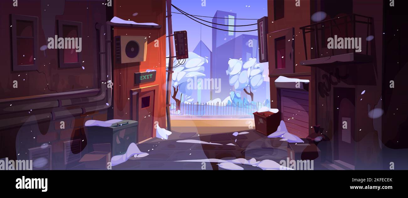 Winter city street landscape with old houses, back alley, road and park ...