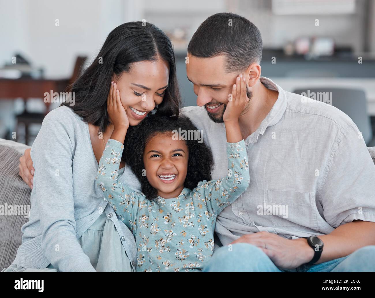 Affection, happy and girl with love for parents, funny and care on the ...