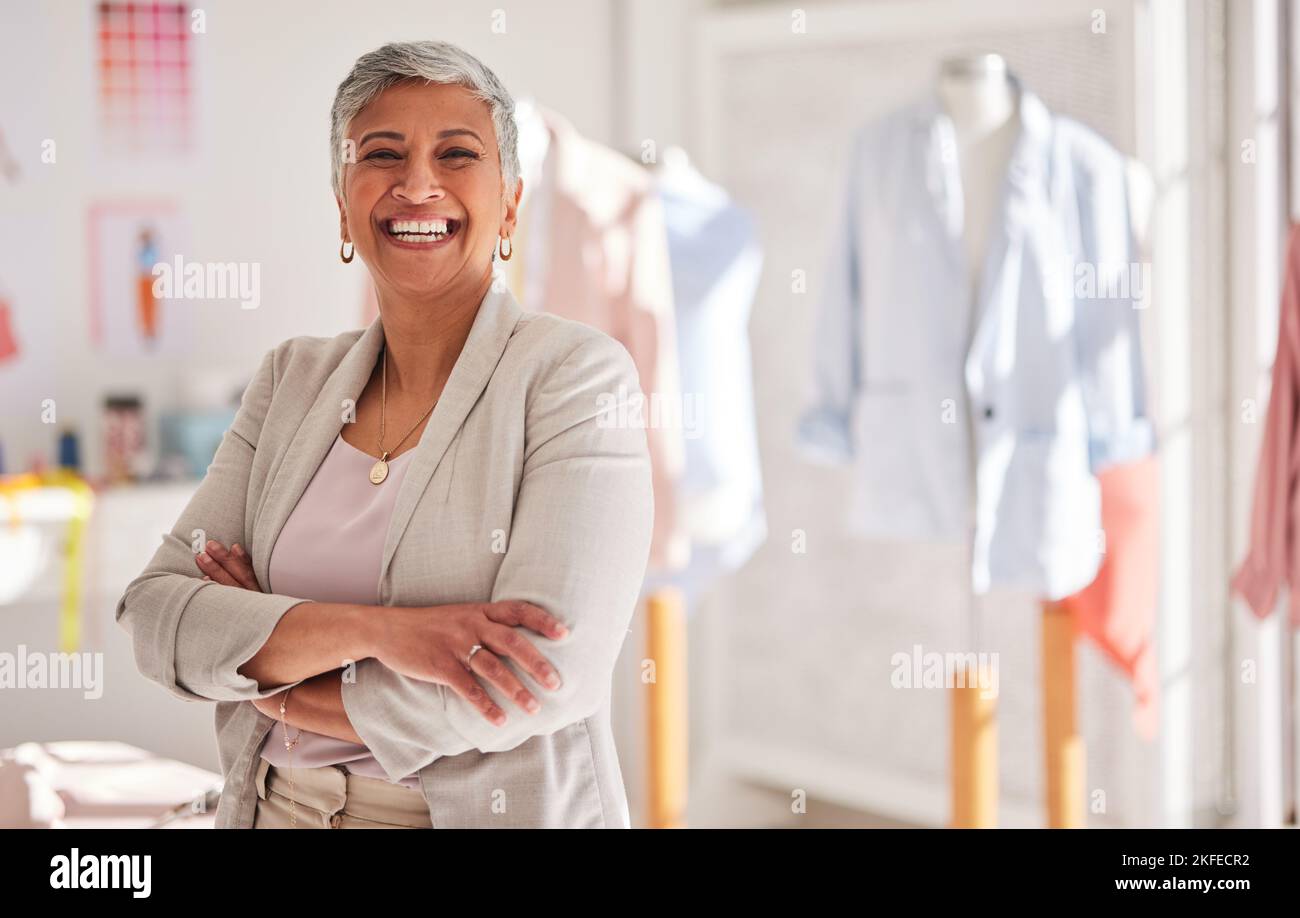Happy woman, fashion design manager and portrait, arms crossed and ...