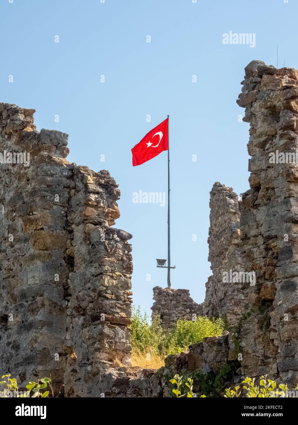 Flag of Turkey in ruins of the ancient Byzantine city of Naula in ...