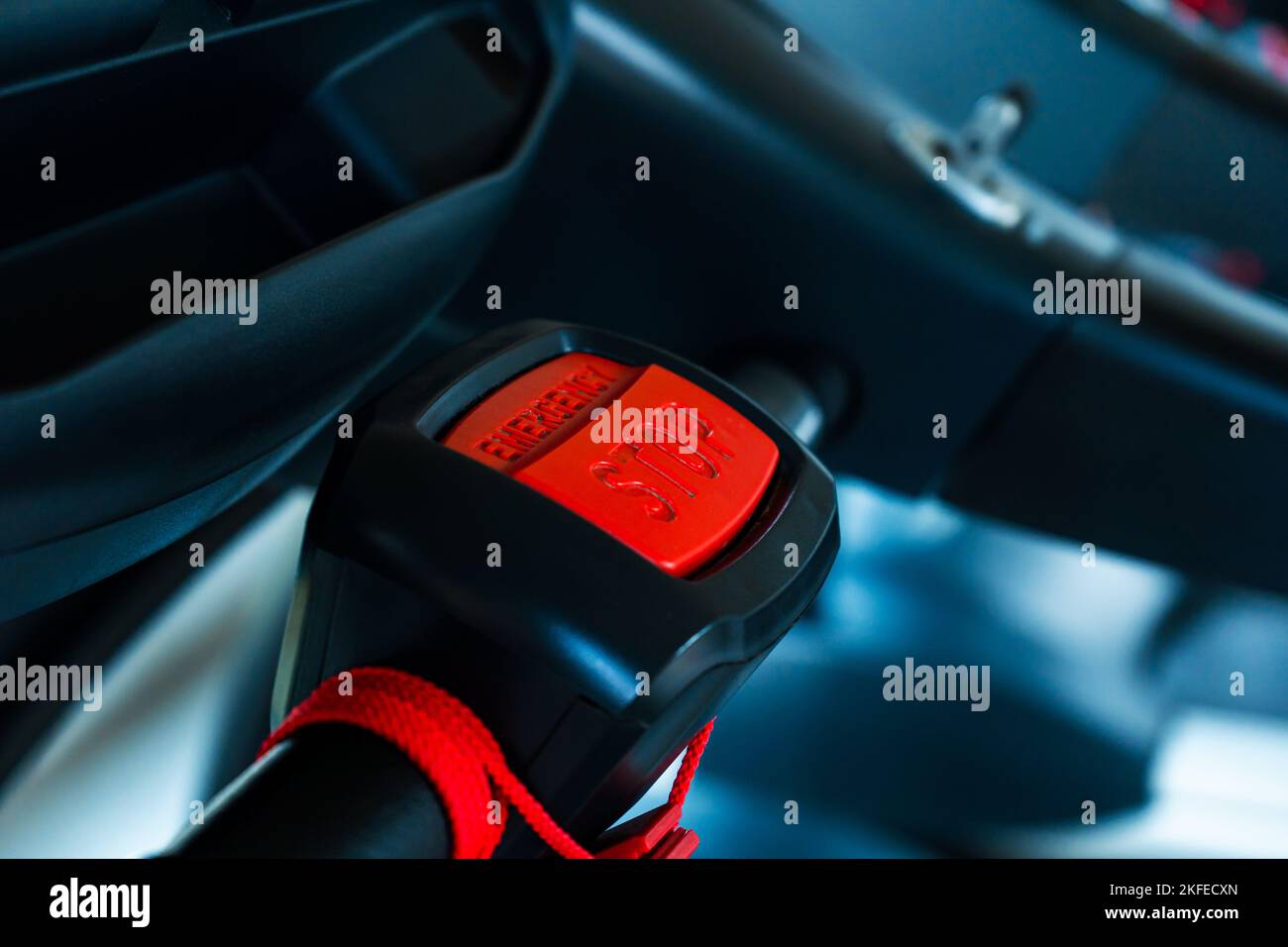 Close-up, red button with the inscription stop. Treadmill safety Stock ...