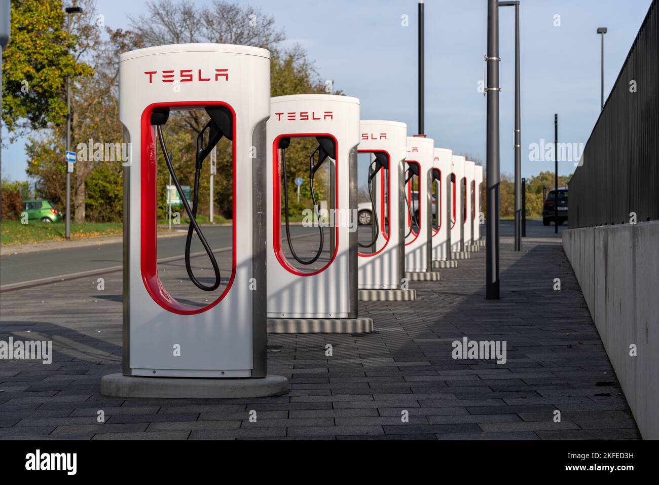 A row of the Tesla Superchargers for fast charging of electric Tesla ...