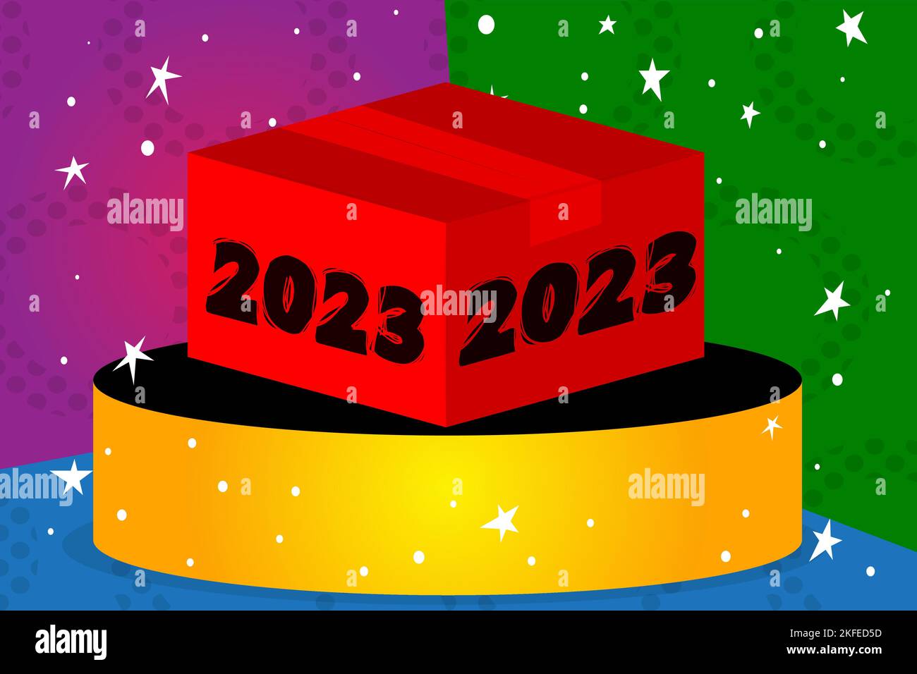 Number 2023 with cardboard box. Vector cartoon folded card box ...