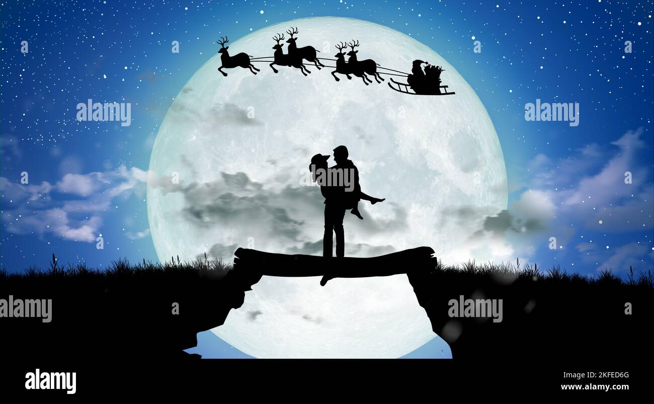 Silhouette of Santa Claus get a move to ride on their reindeer over ...