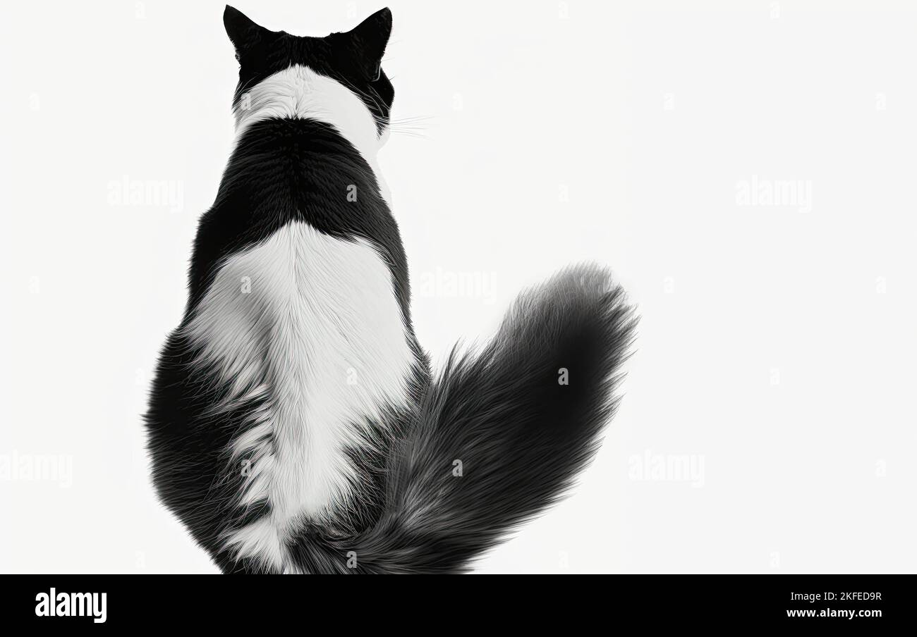 Backside view of black and white cat sitting isolated on white ...
