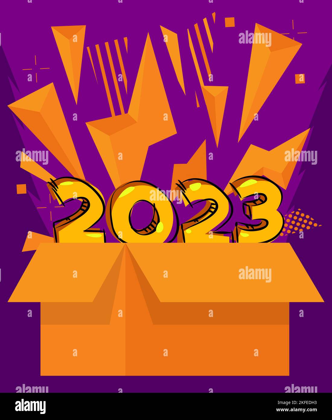 Number 2023 with cardboard box. Vector cartoon folded card box ...