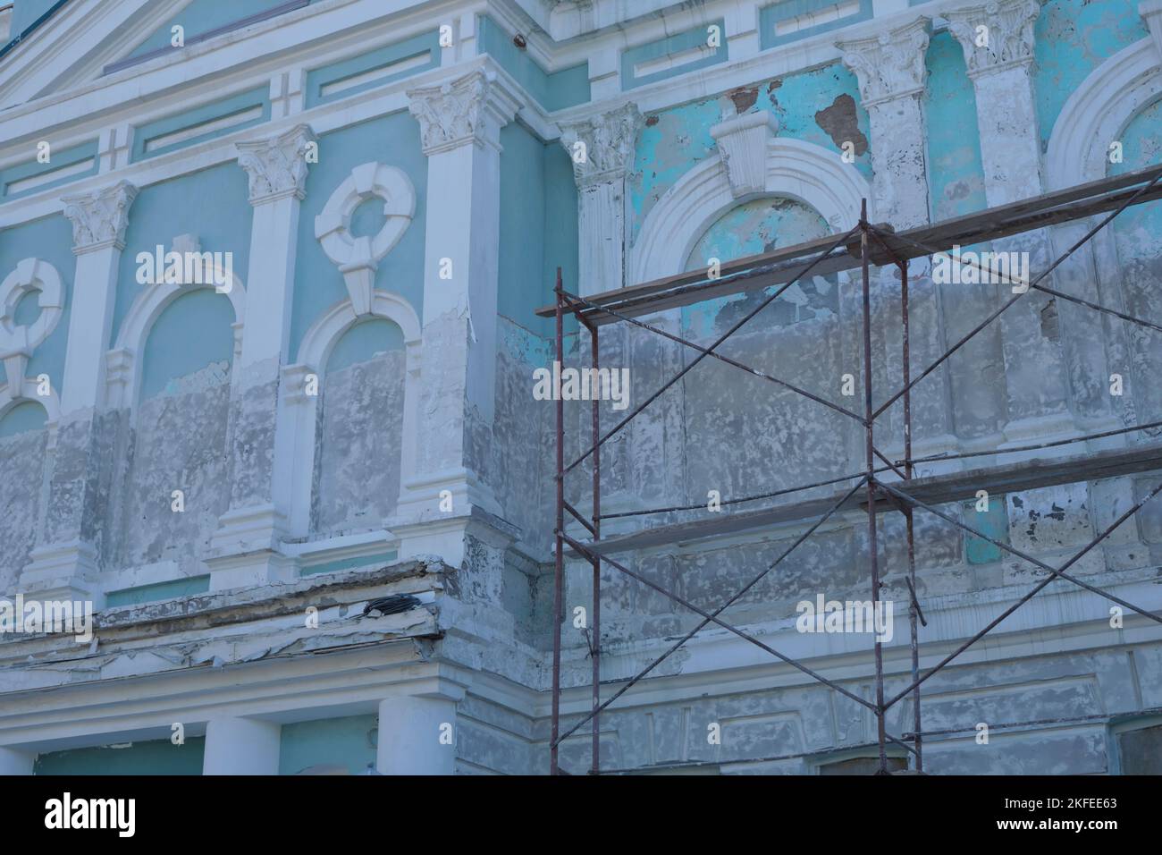Renovation, restoration, preservation work with scaffolding being done ...