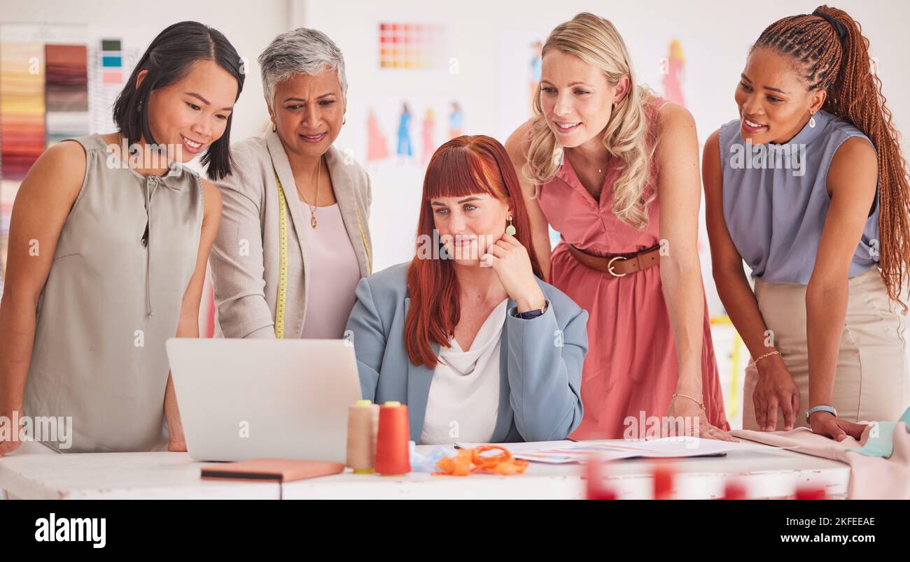 Design, teamwork and business women on laptop for fashion, retail and ...