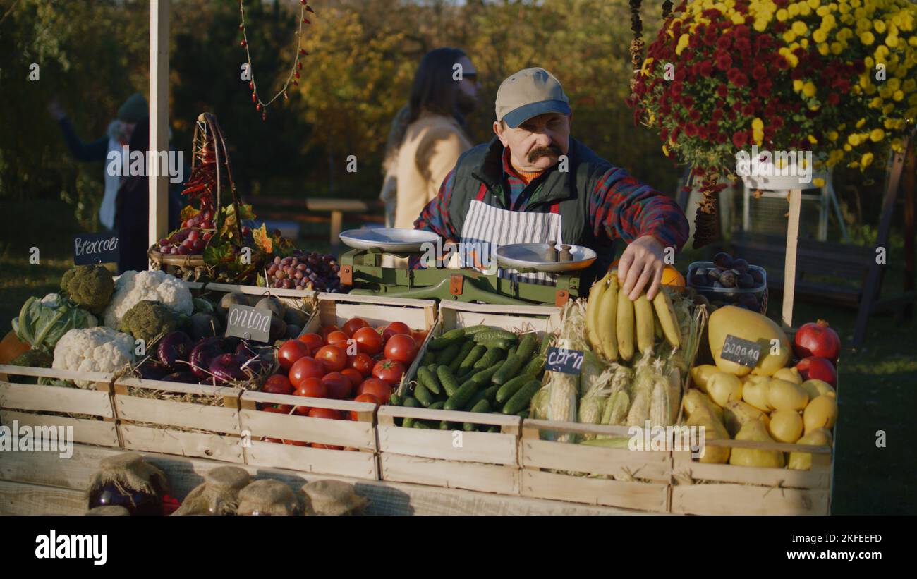 Farmer with bushy mustache lays out fruits and vegetables. Owner of ...