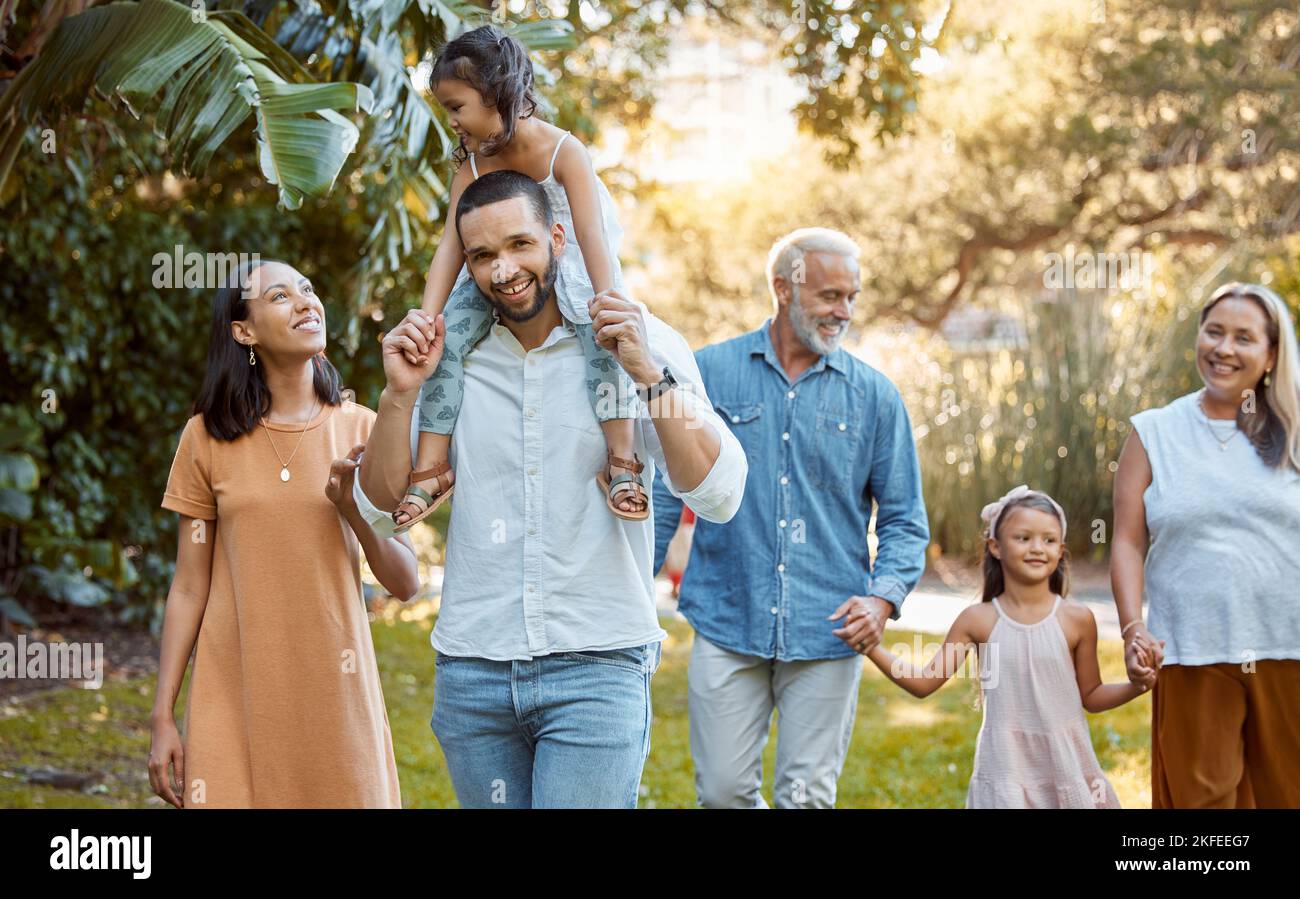 Big family, garden and bonding with children, grandparents and siblings ...