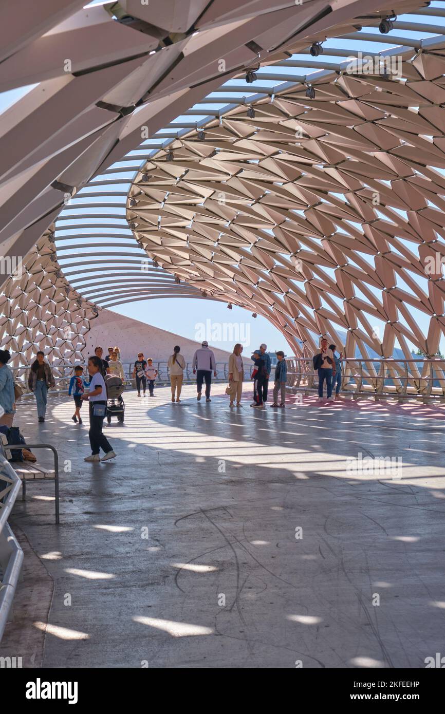 A view of the curvy, open weave, mesh, metal design. At the modern ...