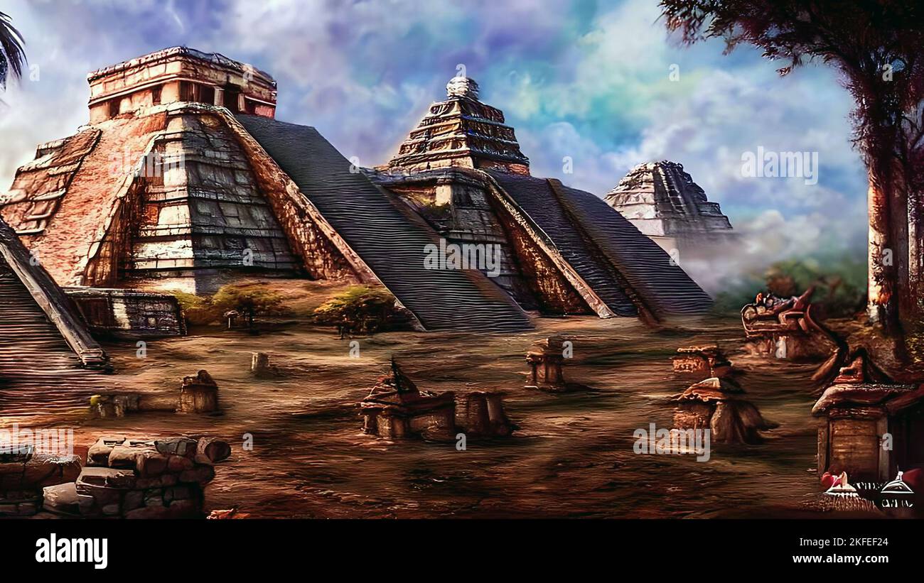 Ancient Mayan City View, Temple Drawing, Illustration Stock Photo - Alamy