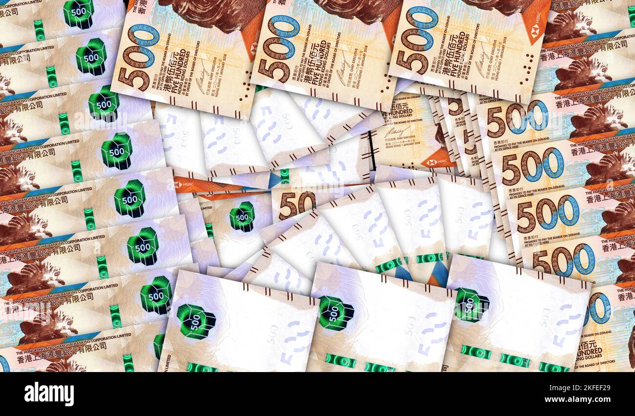 Hong Kong Dollar banknotes in a cash fan mosaic pattern. 500 HKD notes ...