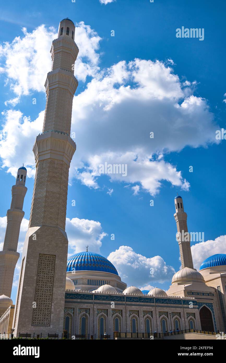Vertical view of the huge mosque and minarets. At the newly opened in 2022, Grand Mosque in ...