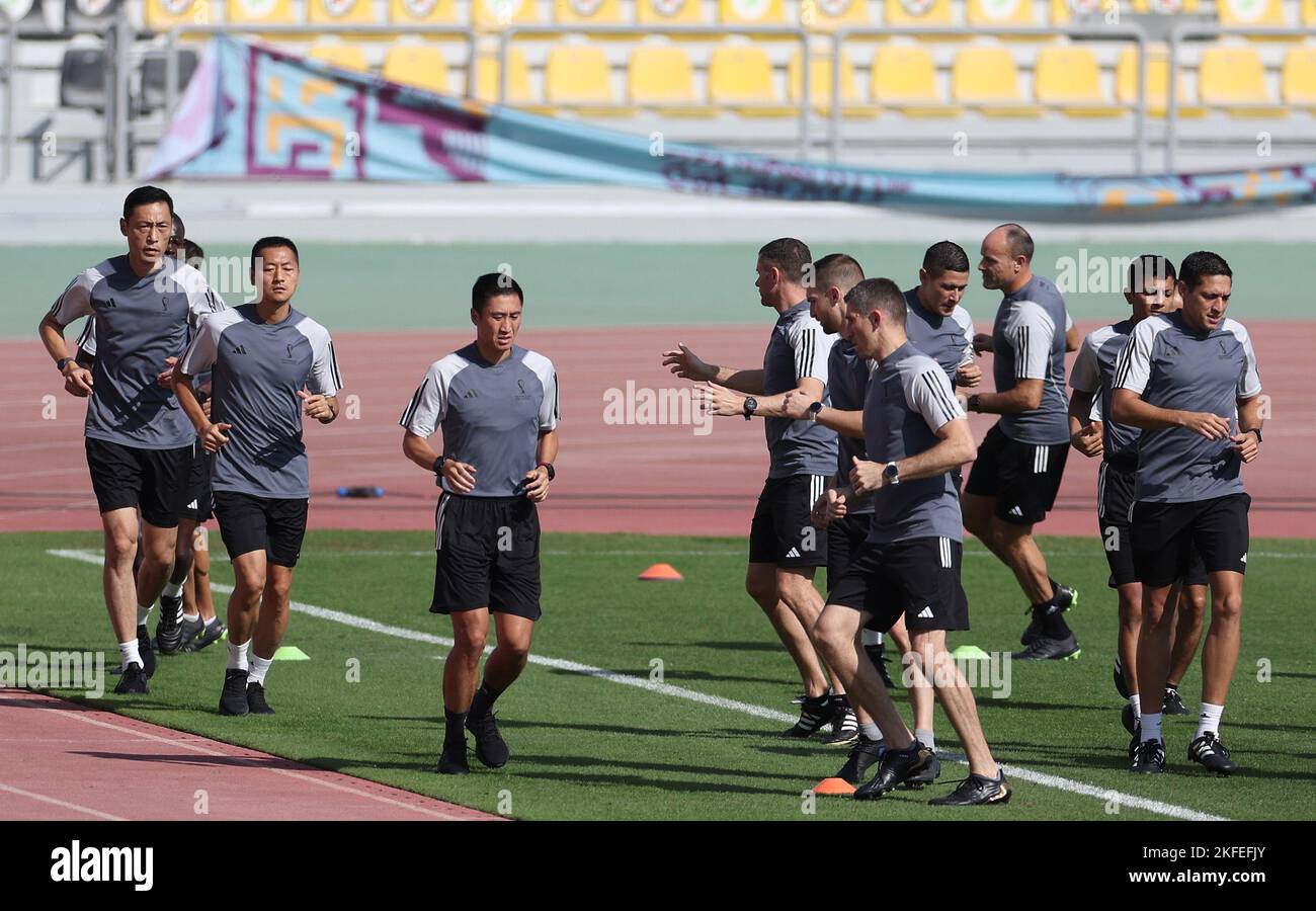 Doha, Qatar. 18th Nov, 2022. Chinese referees Ma Ning (3rd L), Cao Yi ...