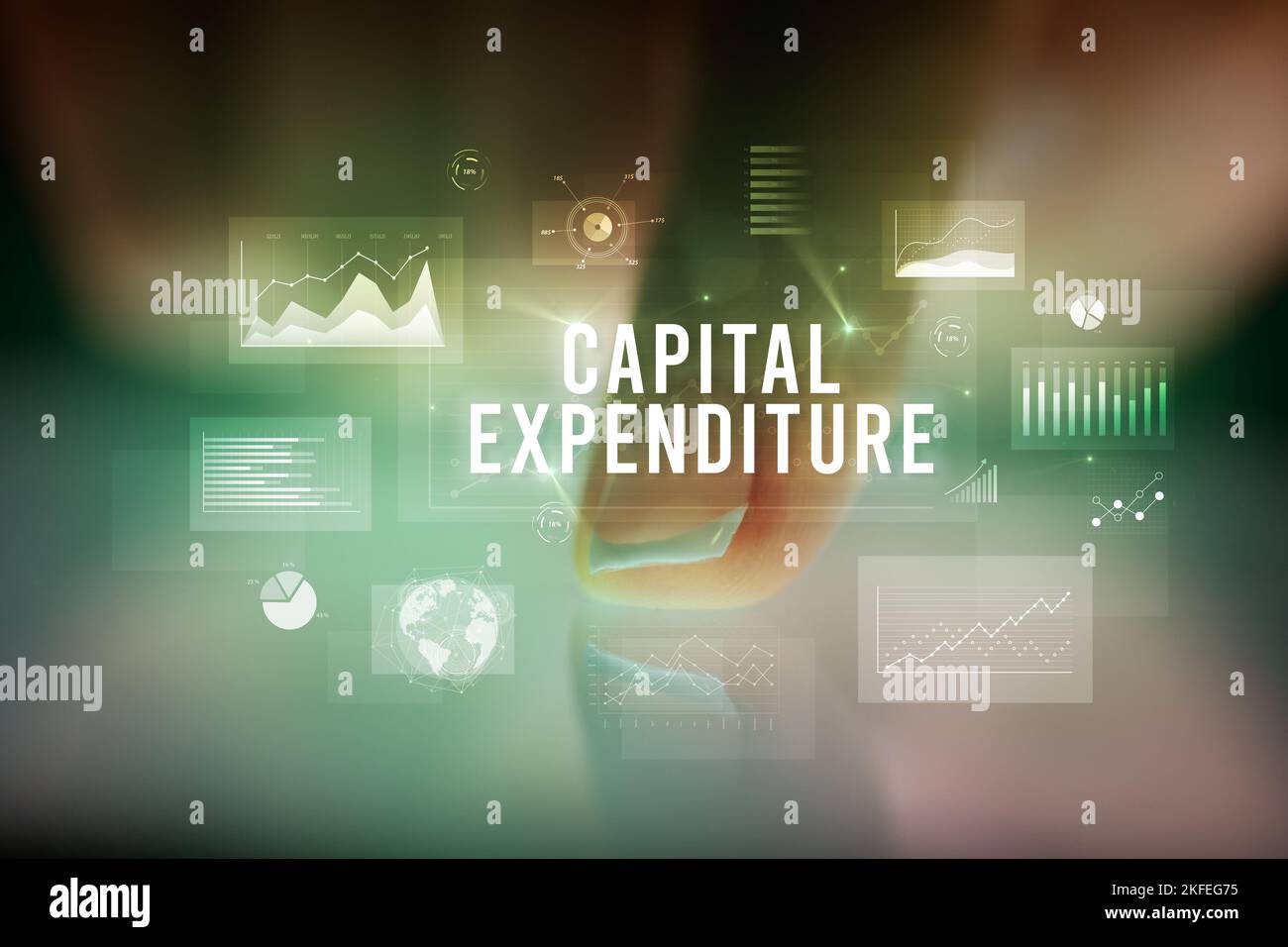 Finger touching tablet with business graphs and icons concept Stock ...