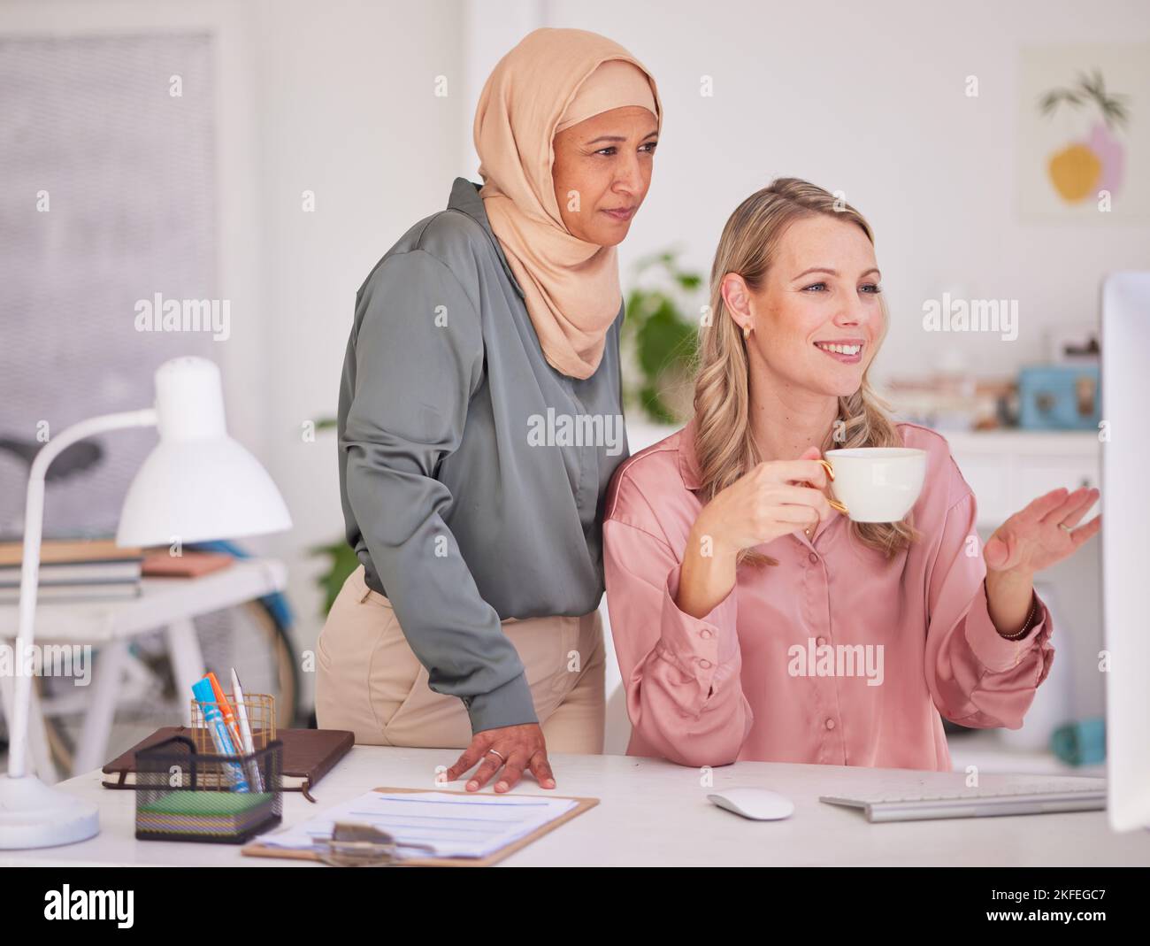 Business women, diversity and planning computer idea, vision and b2b ...