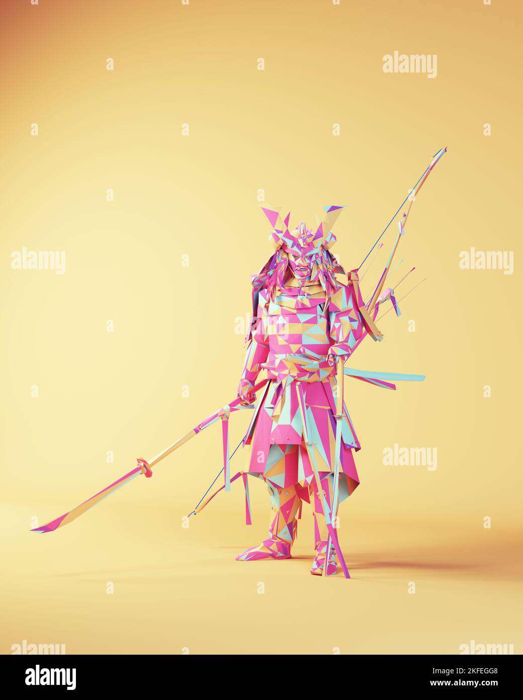 Japanese Samurai Pink Blue Warrior Polygon Triangles Armour Front View ...