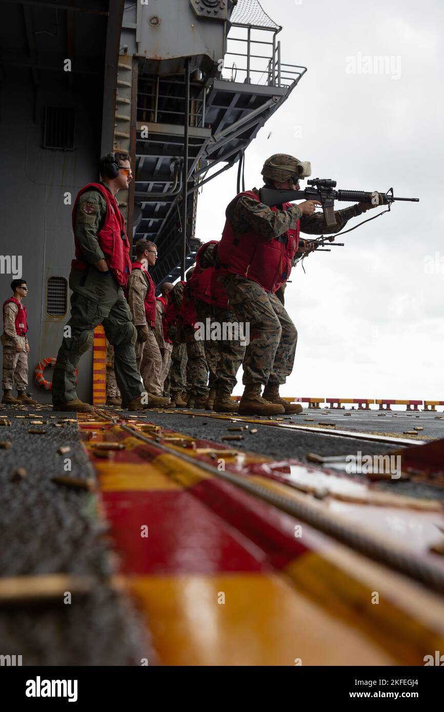 U.S. Marines with 31st Marine Expeditionary Unit conduct a live-fire range aboard Amphibious ...