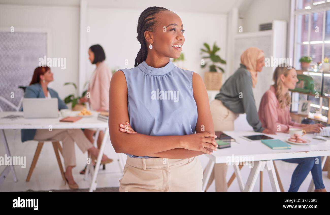 Black woman, startup and thinking with smile, vision and idea for ...