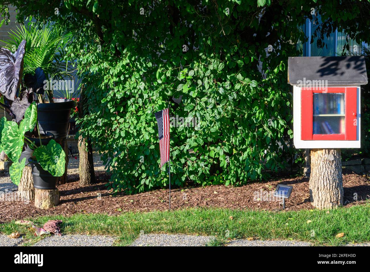 A public garden with a library book sharing stand in a residential ...