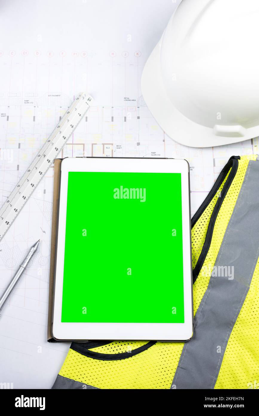 Digital tablet with black screen, hard copy of drawing, triangular ...