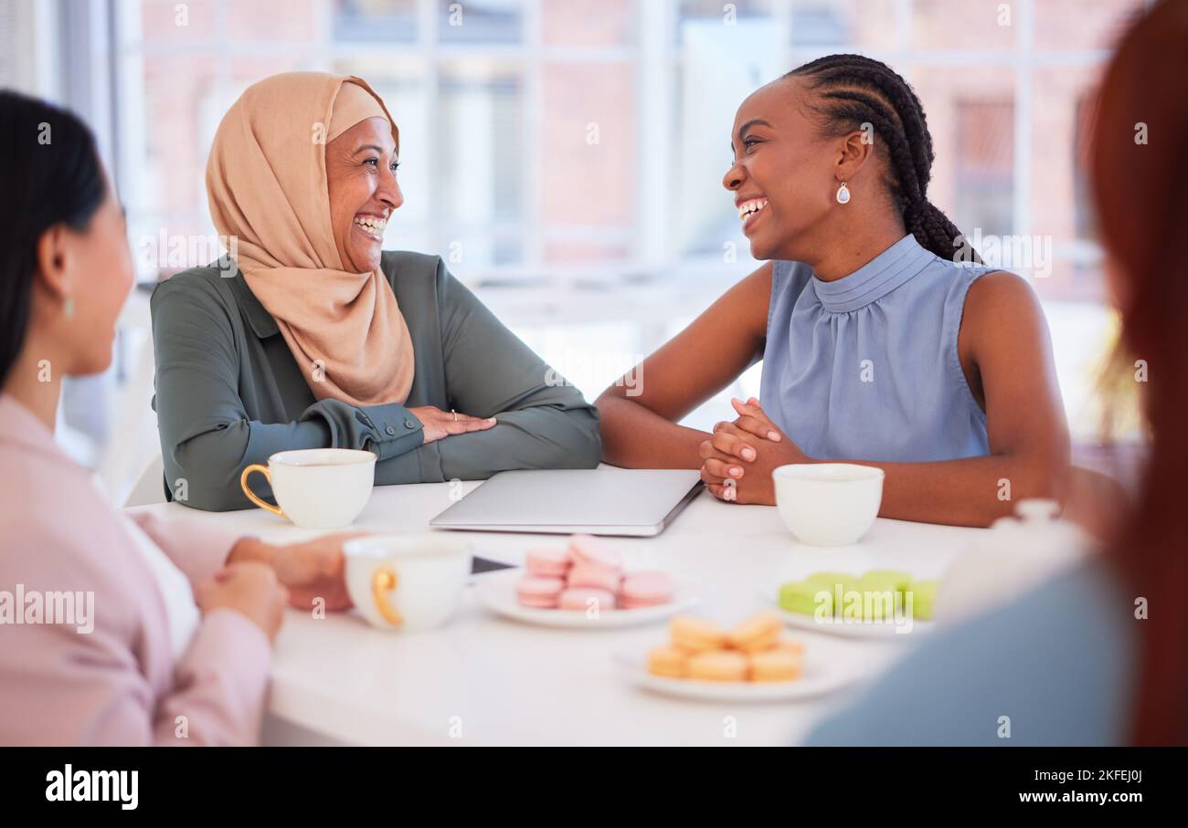 Food, women and business friends eating while bonding over tea and ...