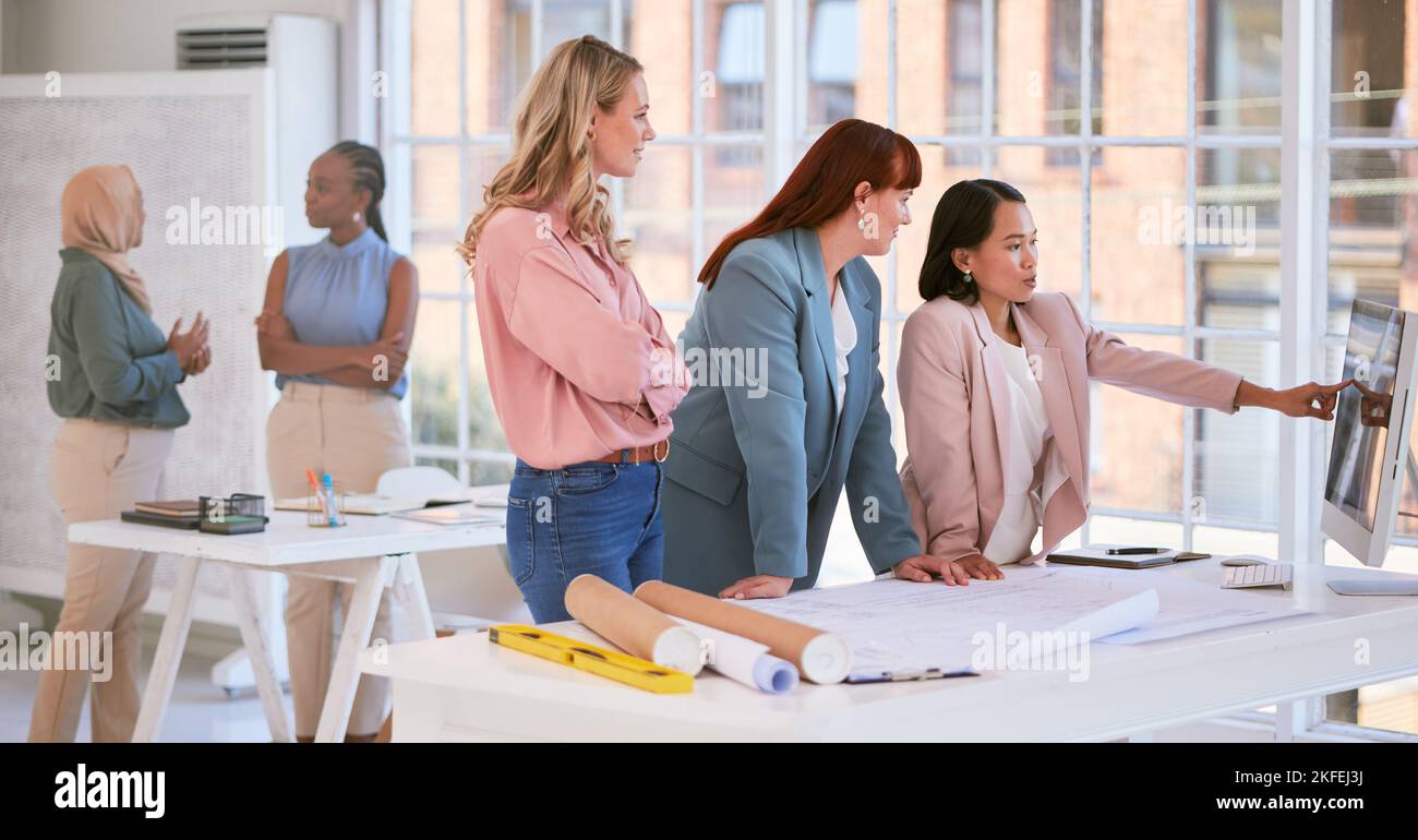 Interior design, architecture teamwork and women, computer and meeting ...