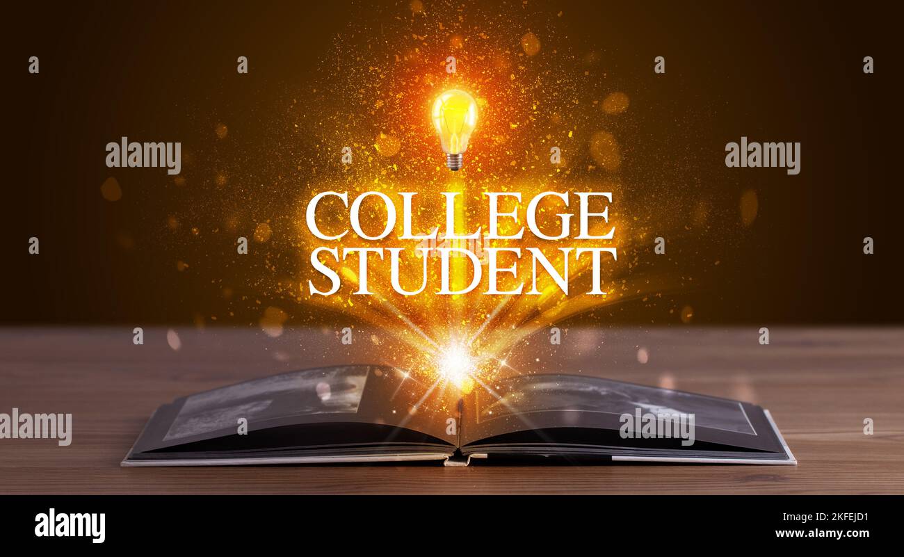 Educational inscription coming out from an open book Stock Photo - Alamy