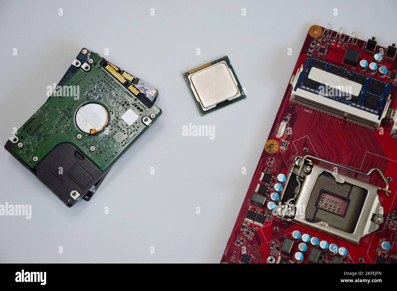 top view of computer equipment cpu harddisk motherboard messy place on ...