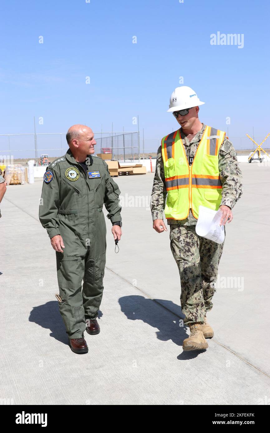 Chief of Naval Operations ADM Mike Gilday speaks with NAVFAC personnel about the Hangar 6 and 8 ...