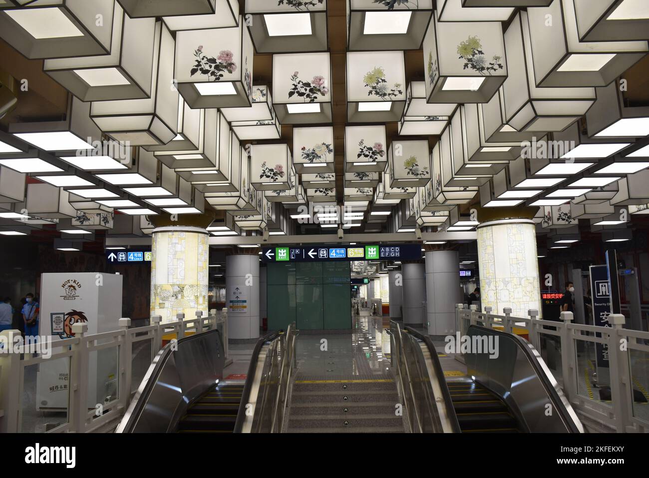 The Ming dynasty lanterns on the ceiling and the hall columns with ...