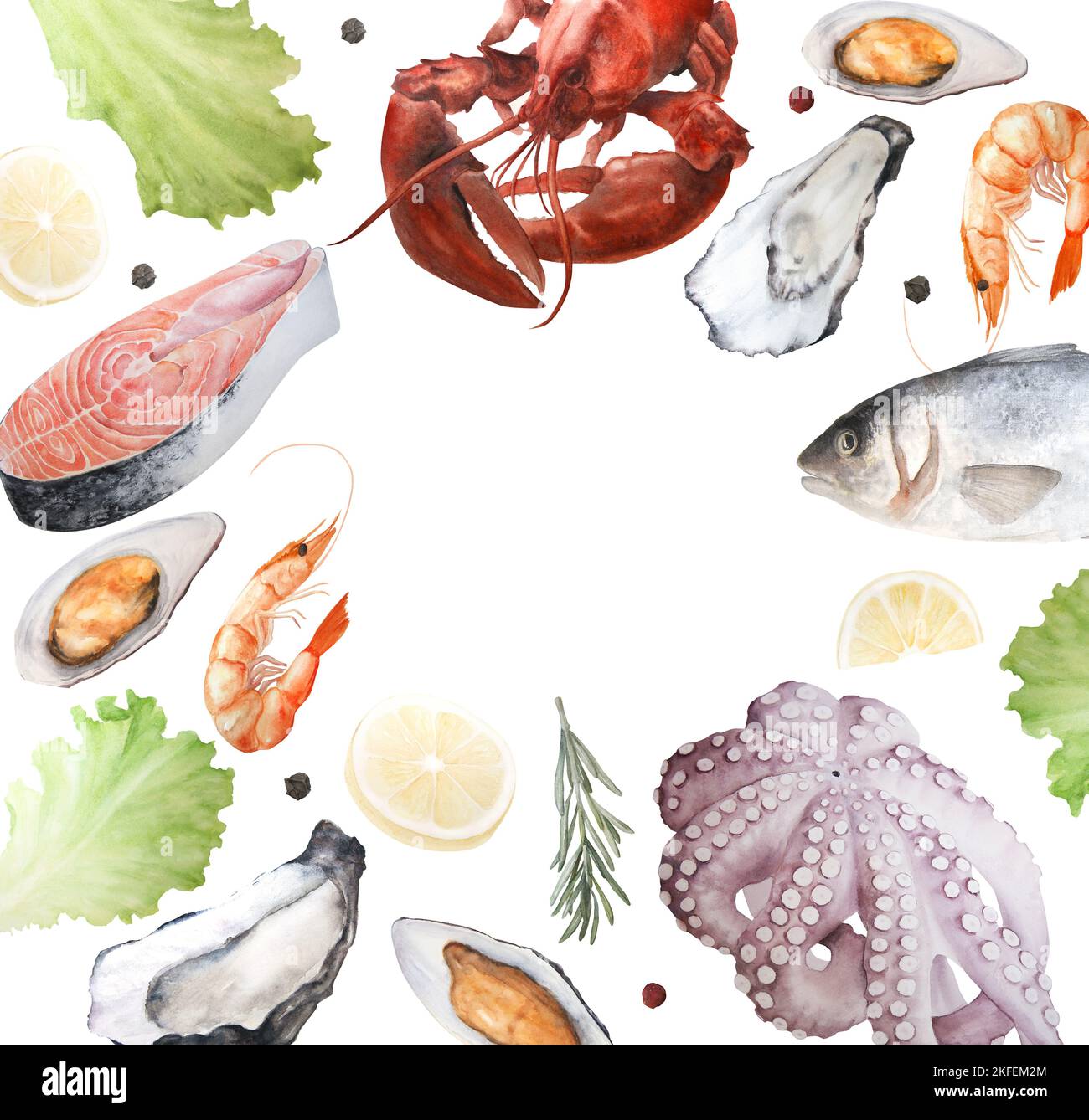 Seafood watercolor illustration, round frame on white background Stock ...