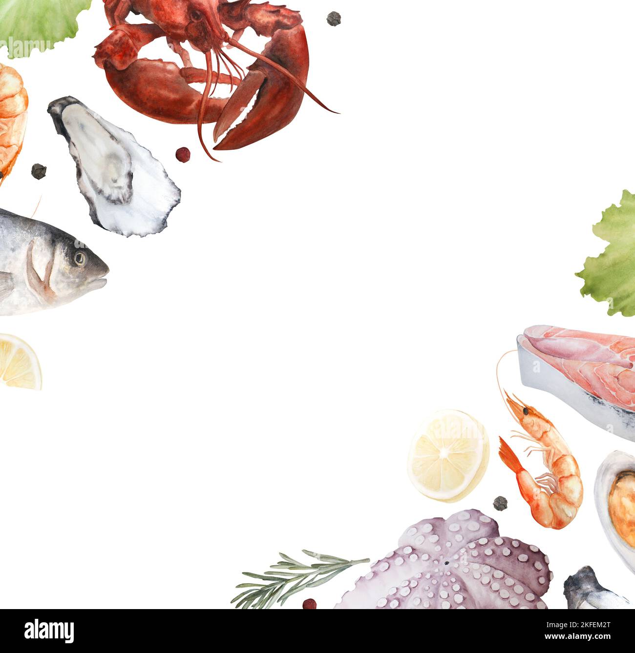 Seafood watercolor illustration, diagonal frame on white background ...